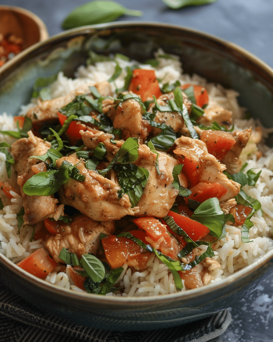 Spiced Coconut Basil Chicken with Rice | Kitchen Martha