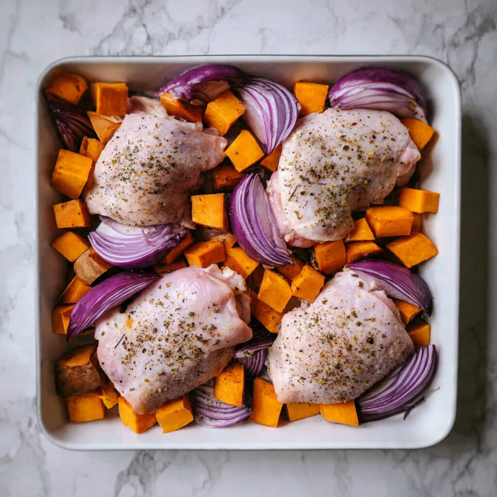 Sheet Pan Chicken Thighs and Sweet Potatoes Dinner | Easy & Flavorful