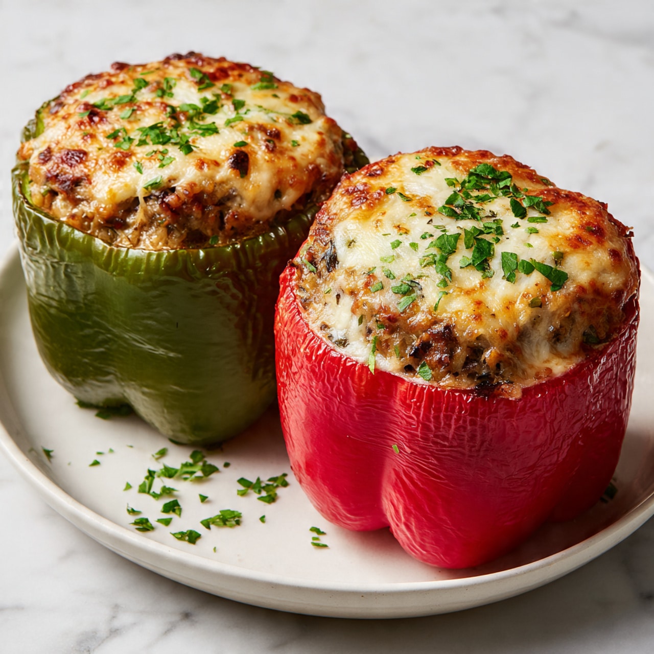 Stuffed Bell Peppers with Ground Meat & Cheesy Topping