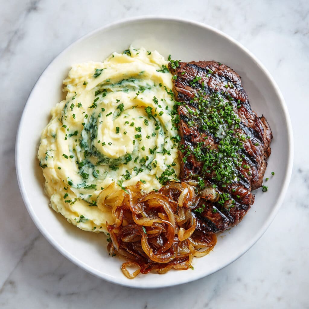 Steak with Caramelized Onions and Herb Mashed Potatoes – Cozy & Delicious